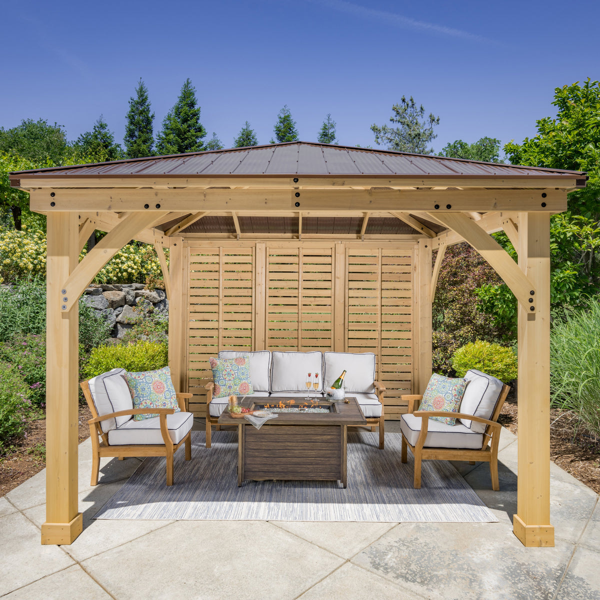12 x 12 Meridian Gazebo Bundle with Privacy Wall, 4pc Teak Sofa and ...